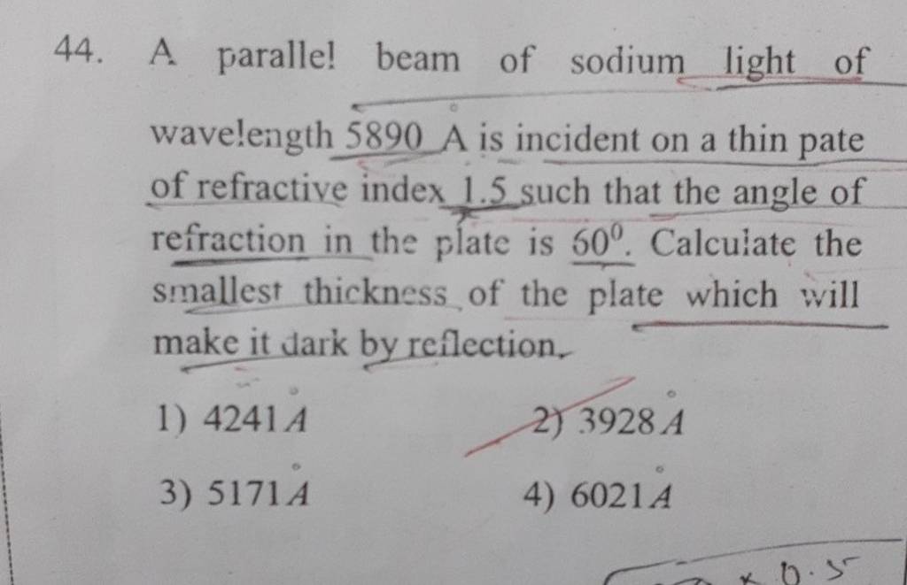 A paralle! beam of sodium light of wavelength 5890 A is incident on a thi..
