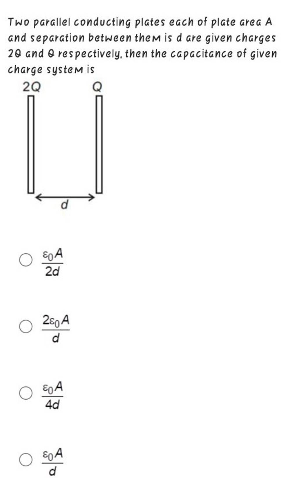 Two parallel conducting plates each of plate area A and separation betwee..