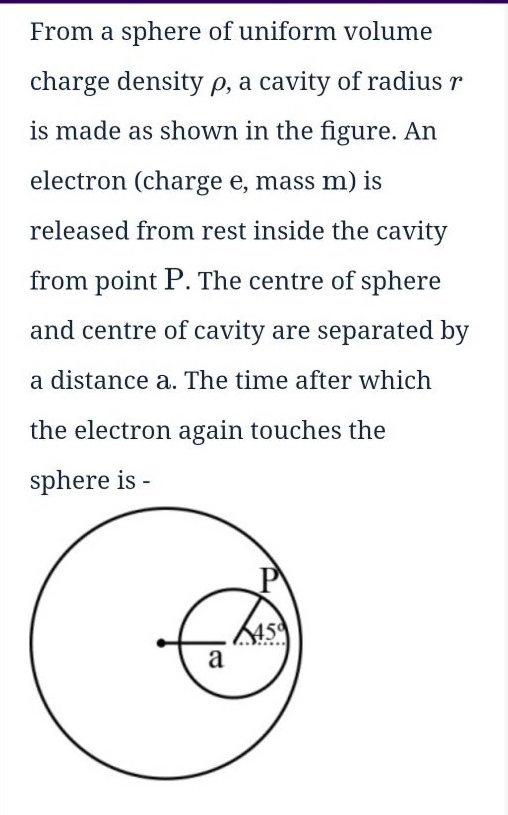 From a sphere of uniform volume charge density ρ, a cavity of radius r is..