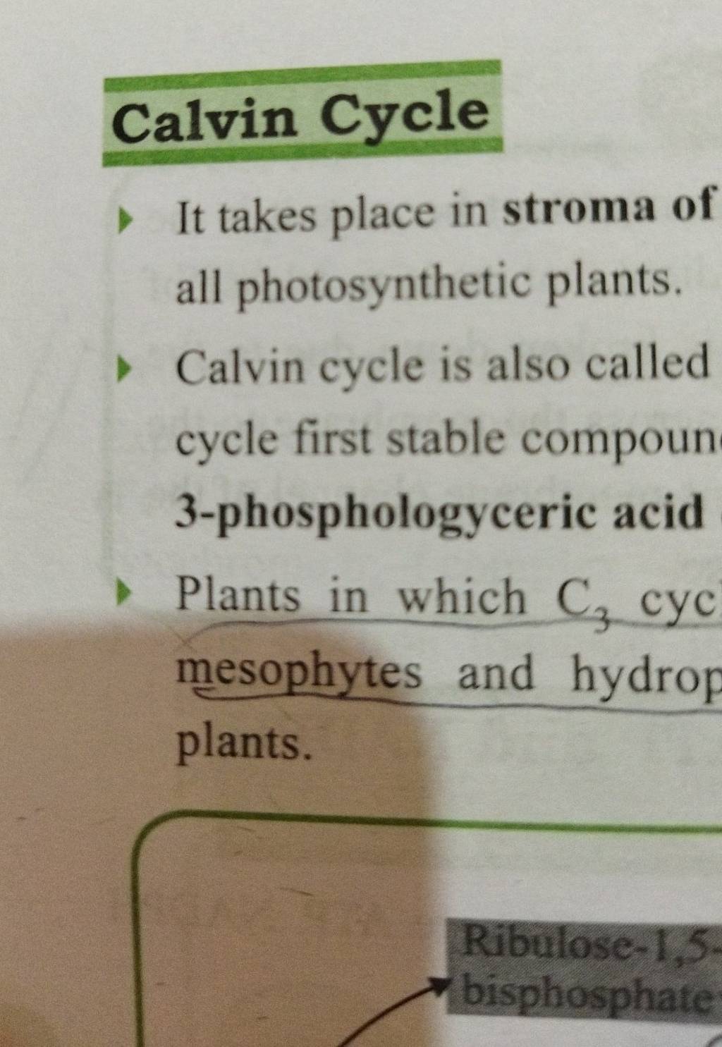 Calvin Cycle It takes place in stroma of all photosynthetic plants. Calvi..