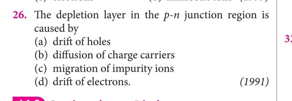 The depletion layer in the p−n junction region is caused by | Filo