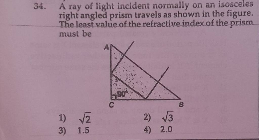 A ray of light incident normally on an isosceles right angled prism trave..