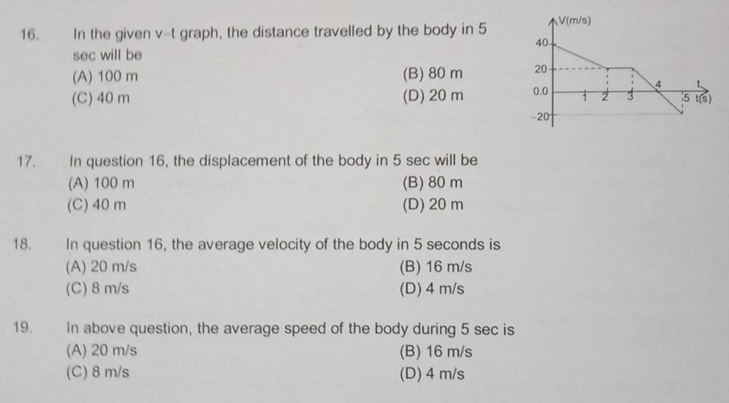 In Question 16 The Average Velocity Of The Body In 5 Seconds Is Filo
