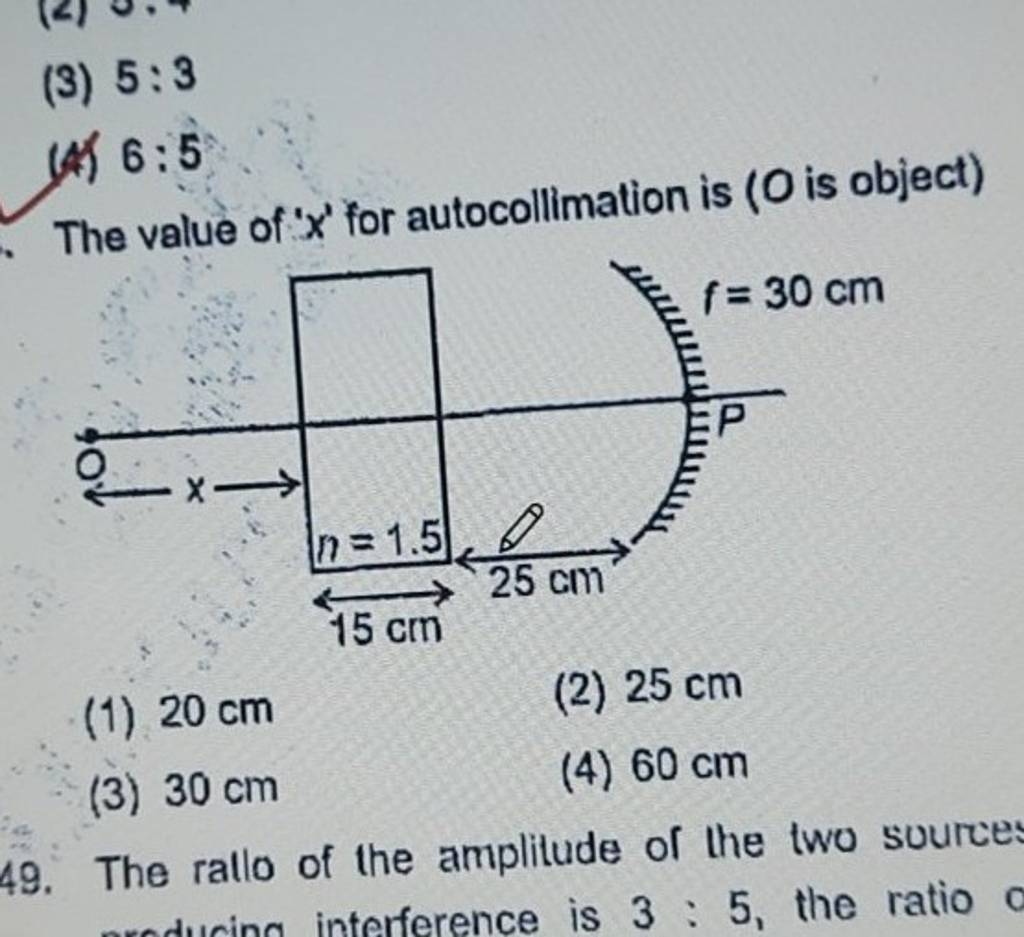 The value of ' x ' for autocollimation is ( O is object) | Filo