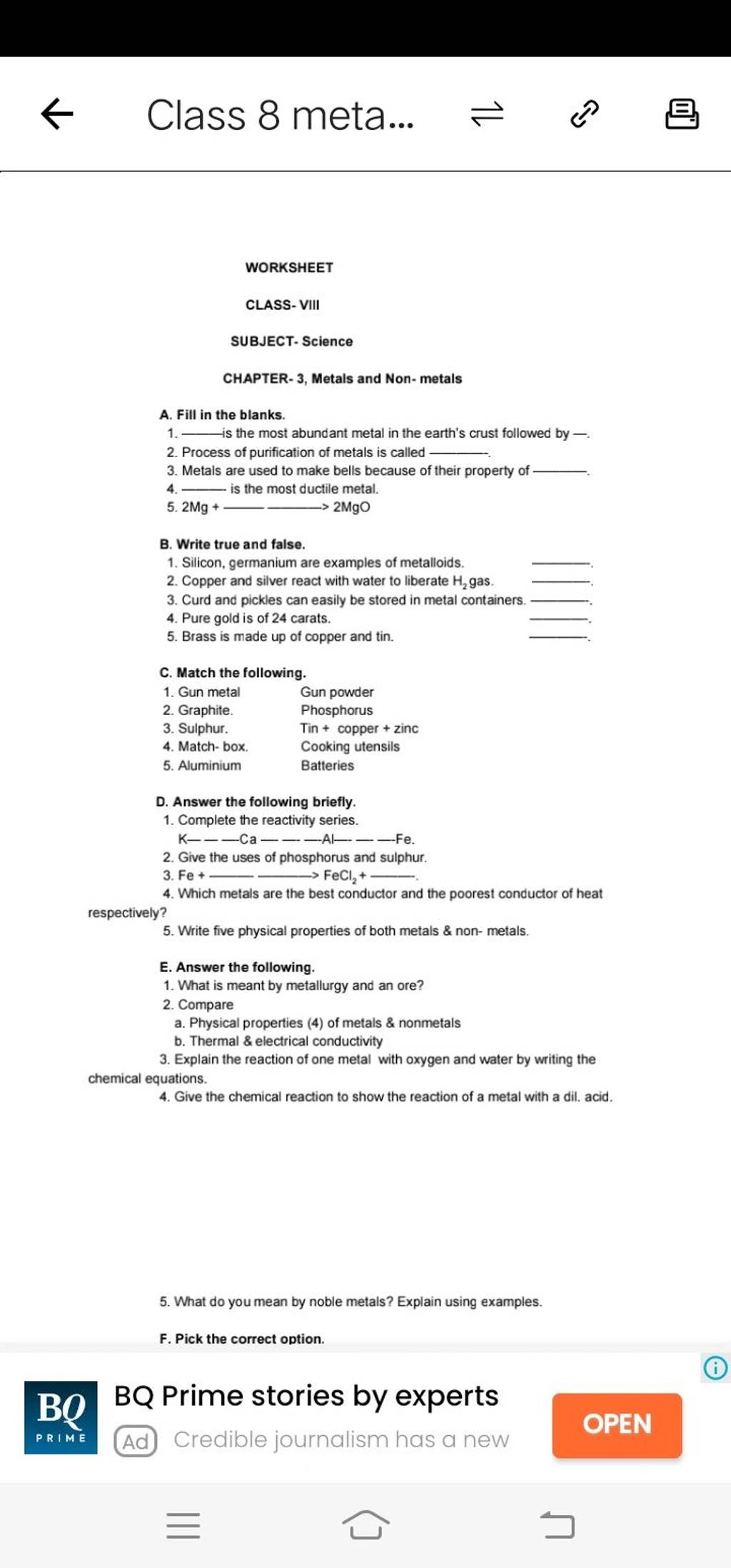 Class 8 meta... WORKSHEET CLASS- VIII SUBJECT- Science CHAPTER-3, Metals