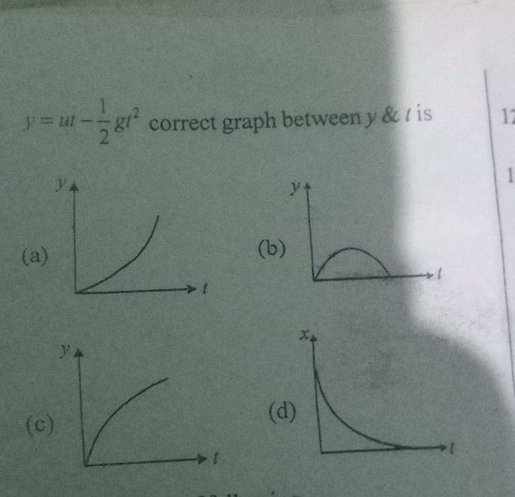 y=ut−21 gt2 correct graph between y \& t is | Filo