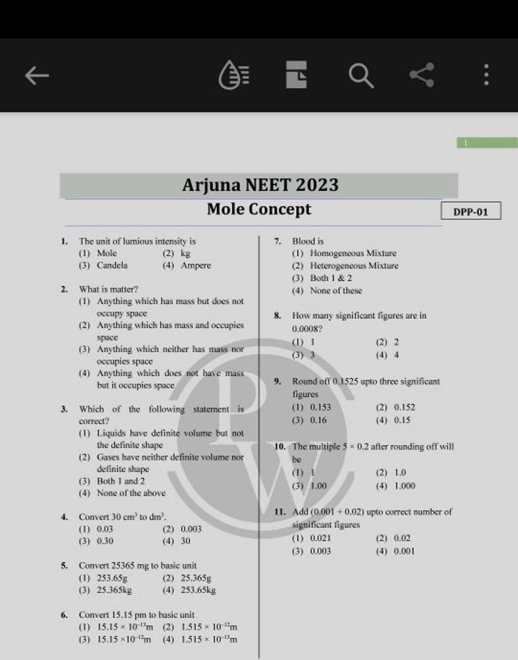 Arjuna NEET 2023 Mole Concept 1. The unit of lumious intensity is 7. Blo..