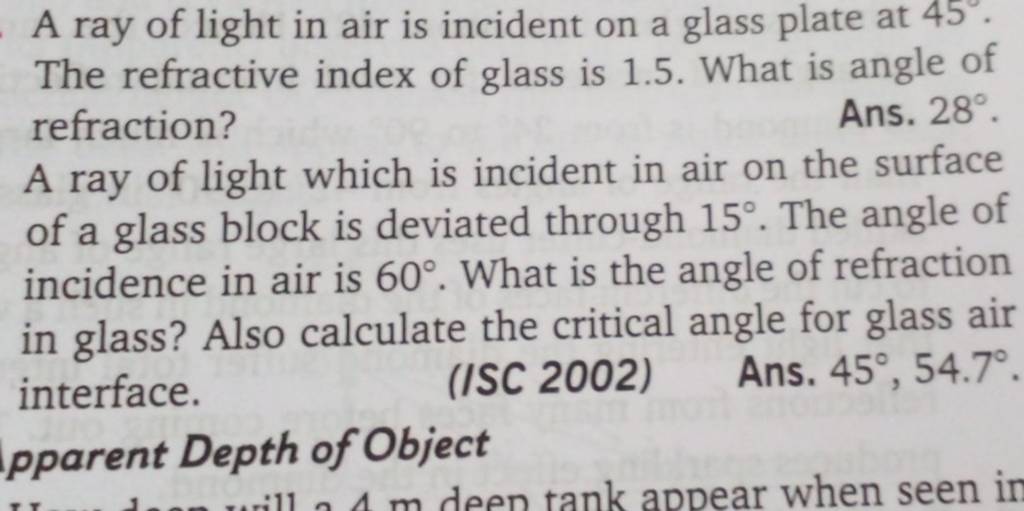 A ray of light in air is incident on a glass plate at 45∘. The refractive..