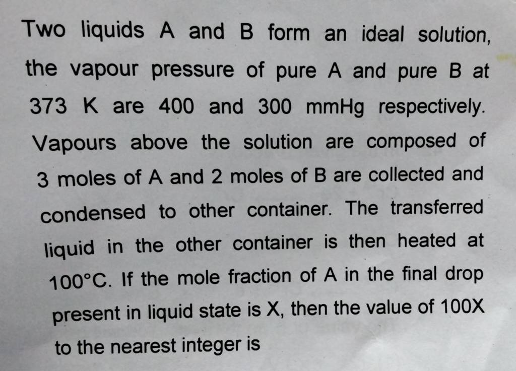 Two liquids A and B form an ideal solution, the vapour pressure of pure A..