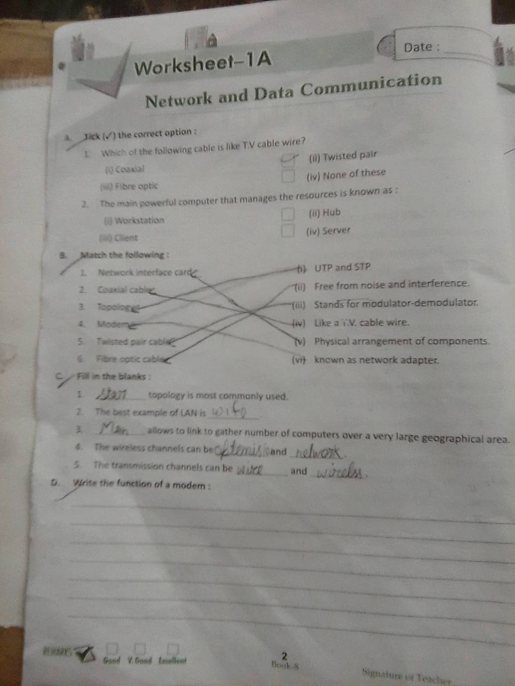 Network and Data Communication a. Jick ( ) the correct option: | Filo