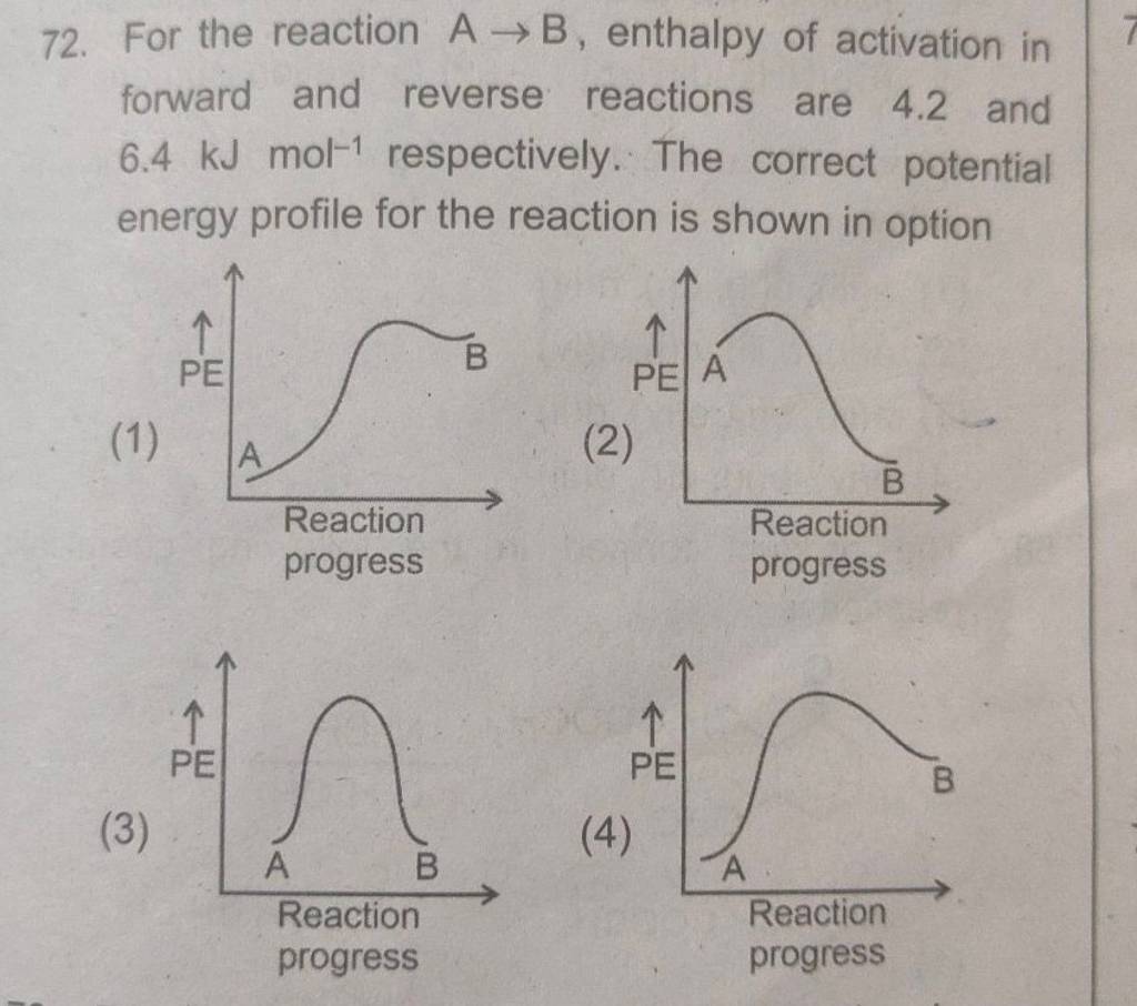 72. For the reaction A→B, enthalpy of activation in forward and reverse r..