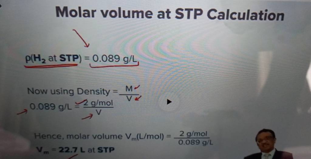 Molar volume at STP Calculation ρ(H2 at STP ) =0.089 g/L Now using Dens..