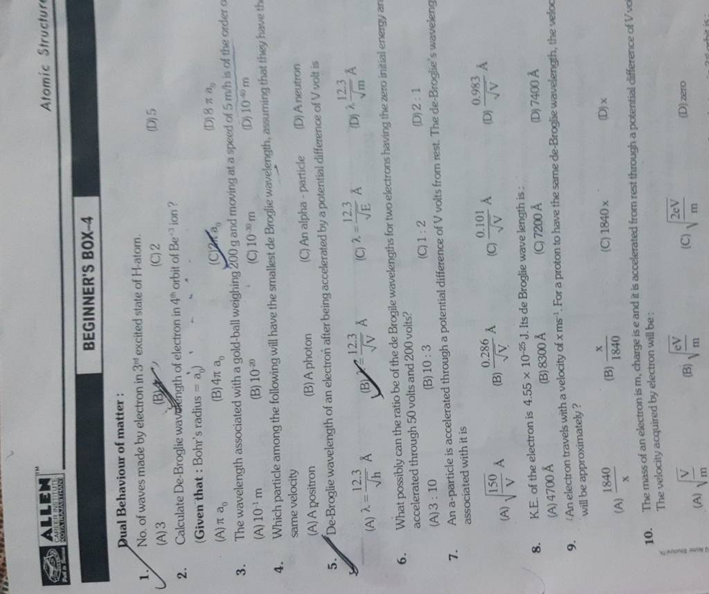 BEGINNER'S BOX-4 Atomic Structure Dual Behaviour of matter : 1. No. of wa..