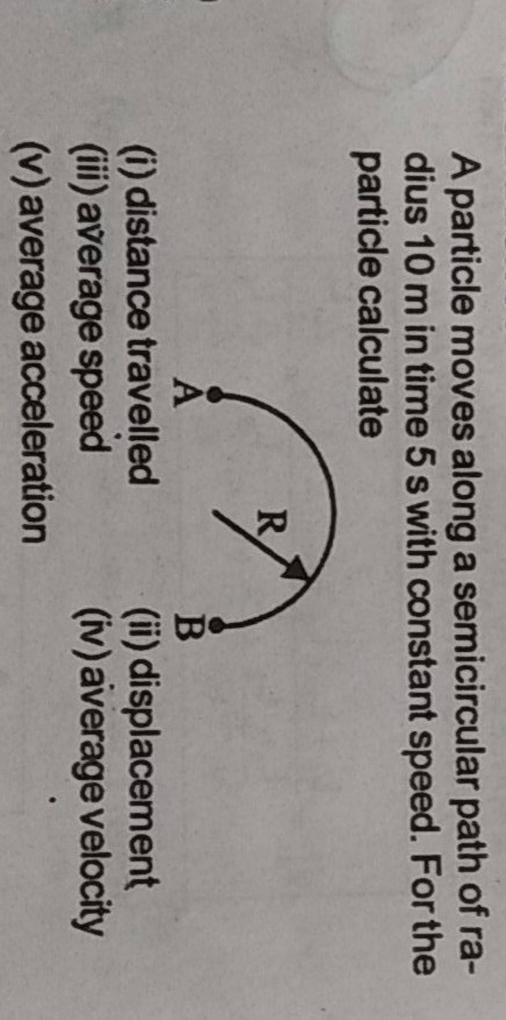 A particle moves along a semicircular path of radius 10 m in time 5 s wit..
