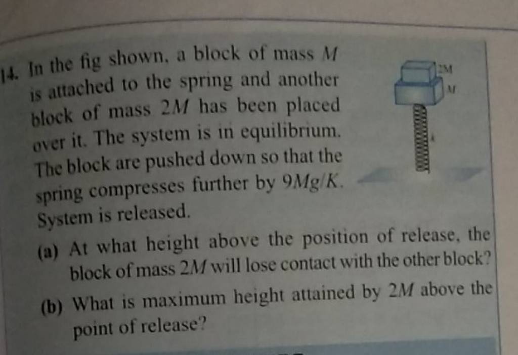 14. In the fig shown, a block of mass M is attached to the spring and ano..