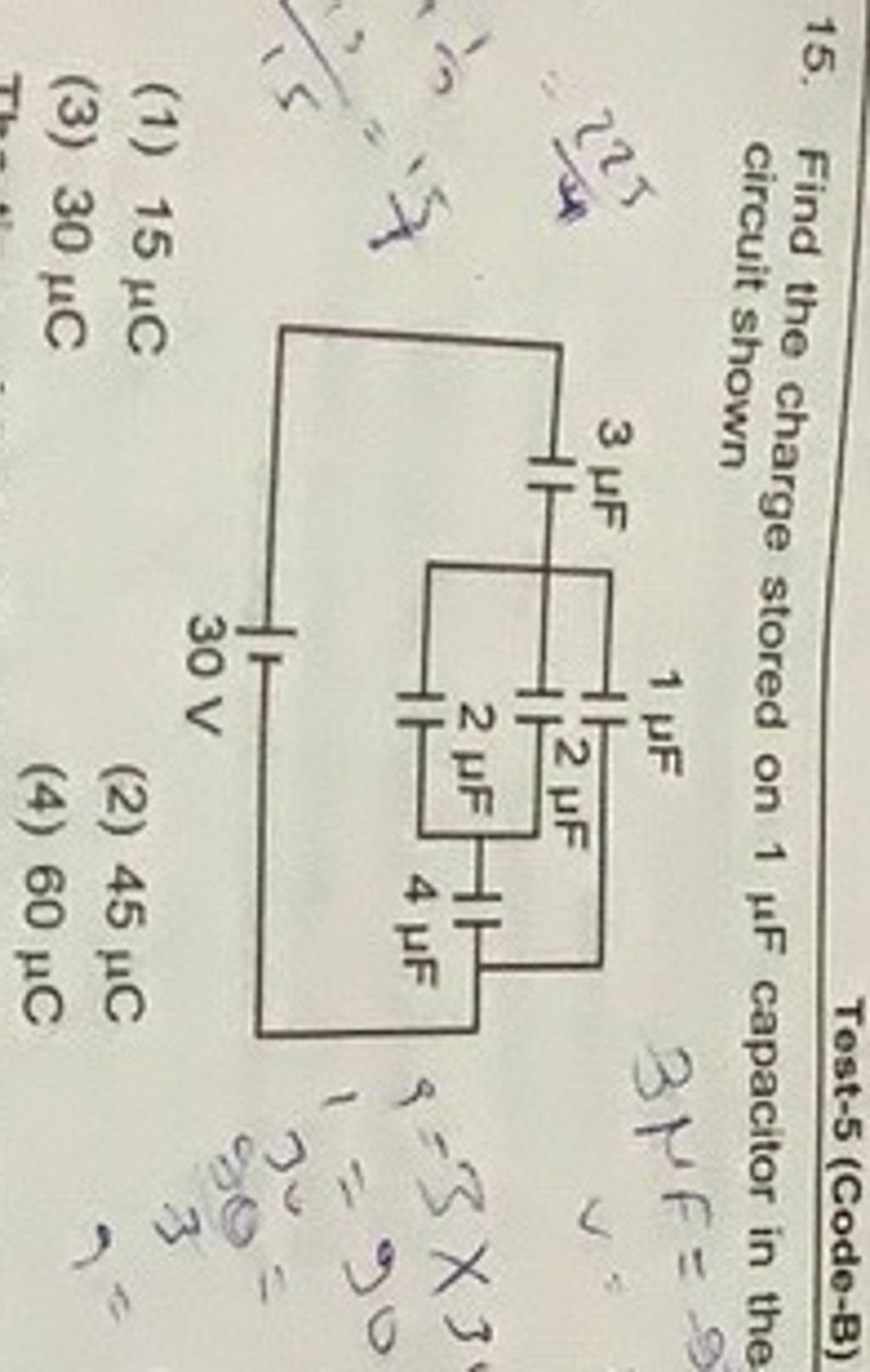 15. Find the charge stored on 1μF capacitor in the circuit shown 223x (1)..
