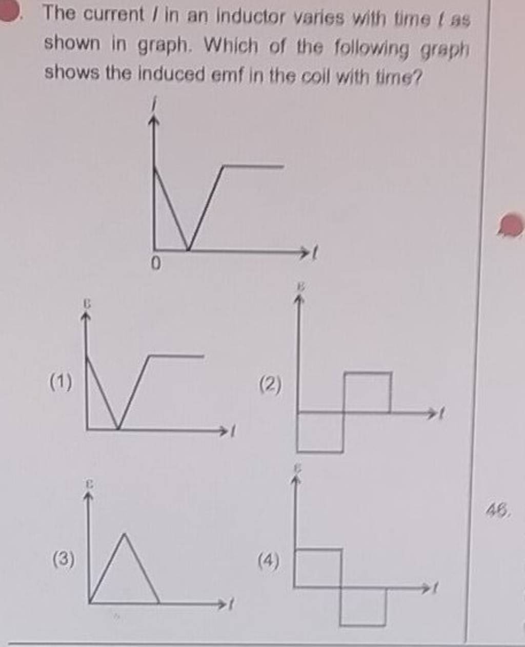 The current / in an inductor varies with time t as shown in graph. Which