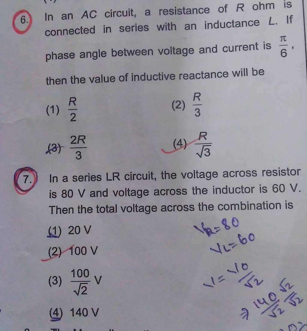 In a series LR circuit, the voltage across resistor is 80 V and voltage a..