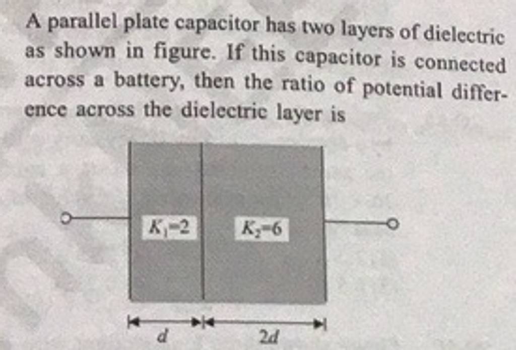A parallel plate capacitor has two layers of dielectric as shown in figur..