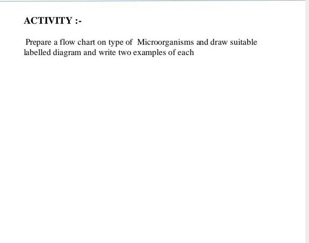 ACTIVITY :- Prepare a flow chart on type of Microorganisms and draw suita..