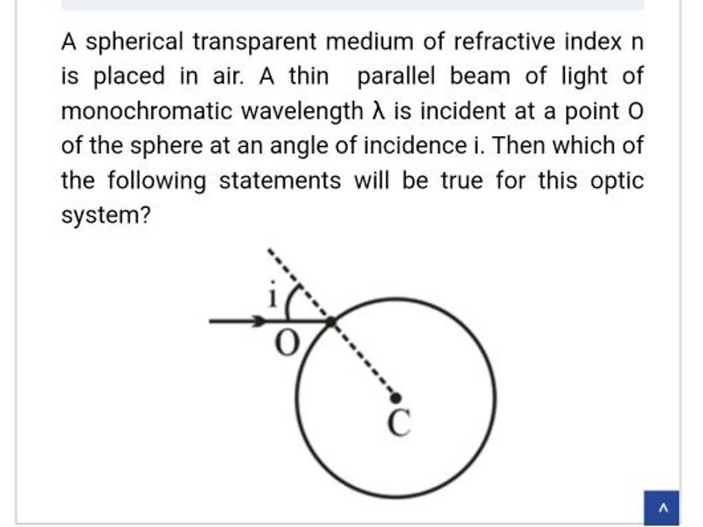 A spherical transparent medium of refractive index n is placed in air. A
