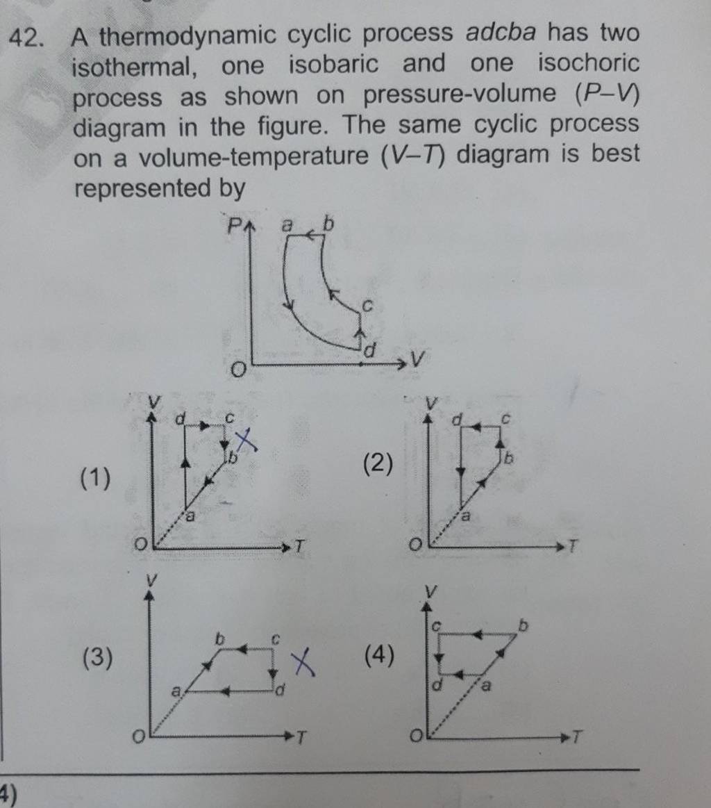 A thermodynamic cyclic process adcba has two isothermal, one isobaric and..