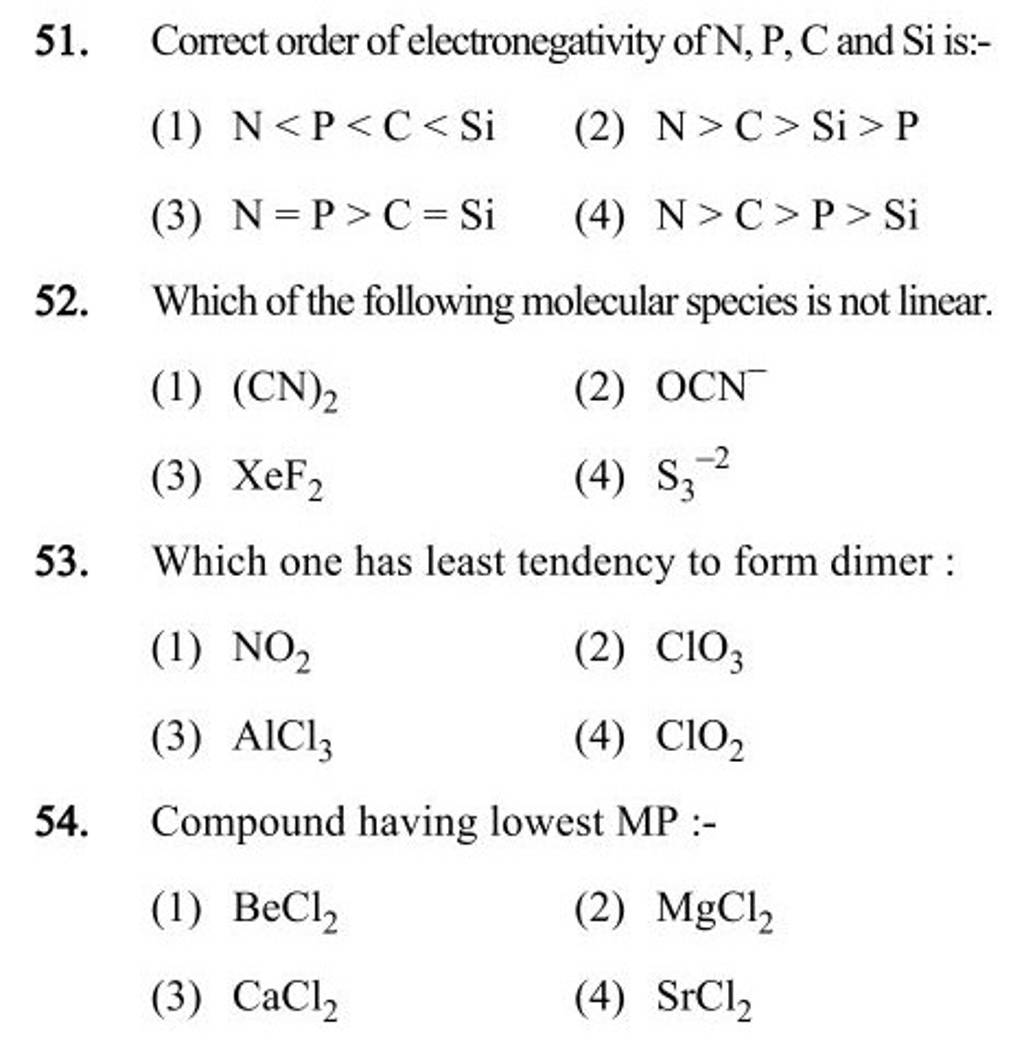 Correct order of electronegativity of N,P,C and Si is:- | Filo