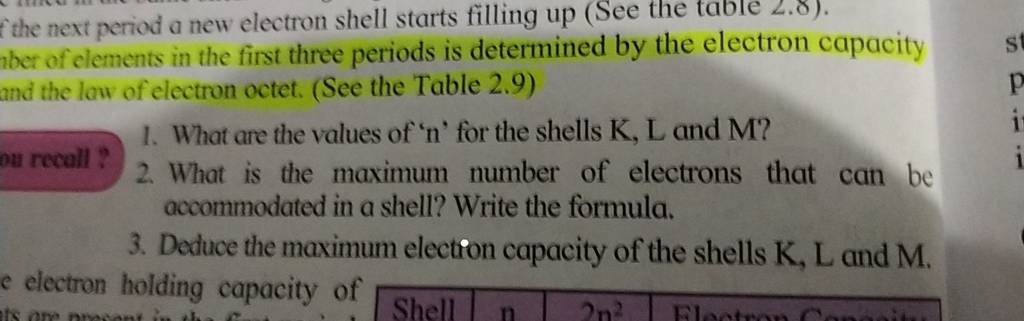 the next period a new electron shell starts filling up (See the table 2.8..