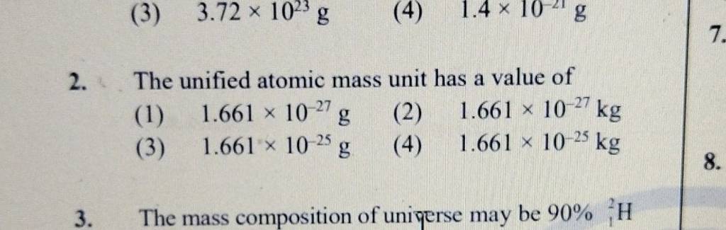 The unified atomic mass unit has a value of | Filo