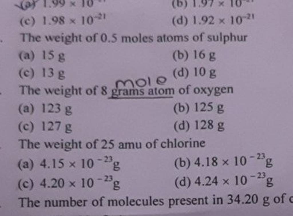 The weight of 25 amu of chlorine | Filo