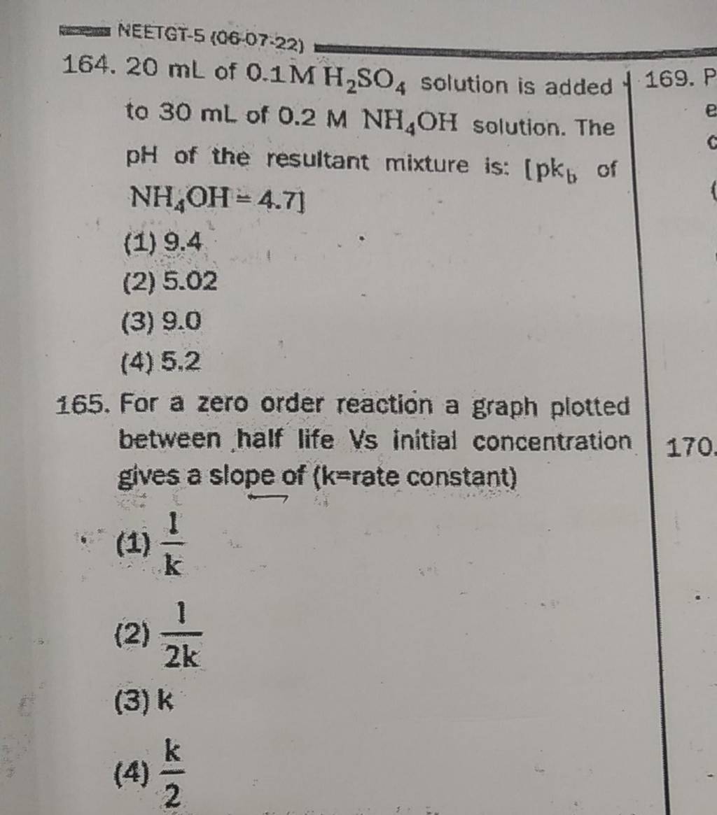 For a zero order reaction a graph plotted between half life Vs initial co..