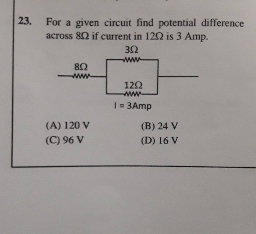 For a given circuit find potential difference across 8Ω if current in 12Ω..