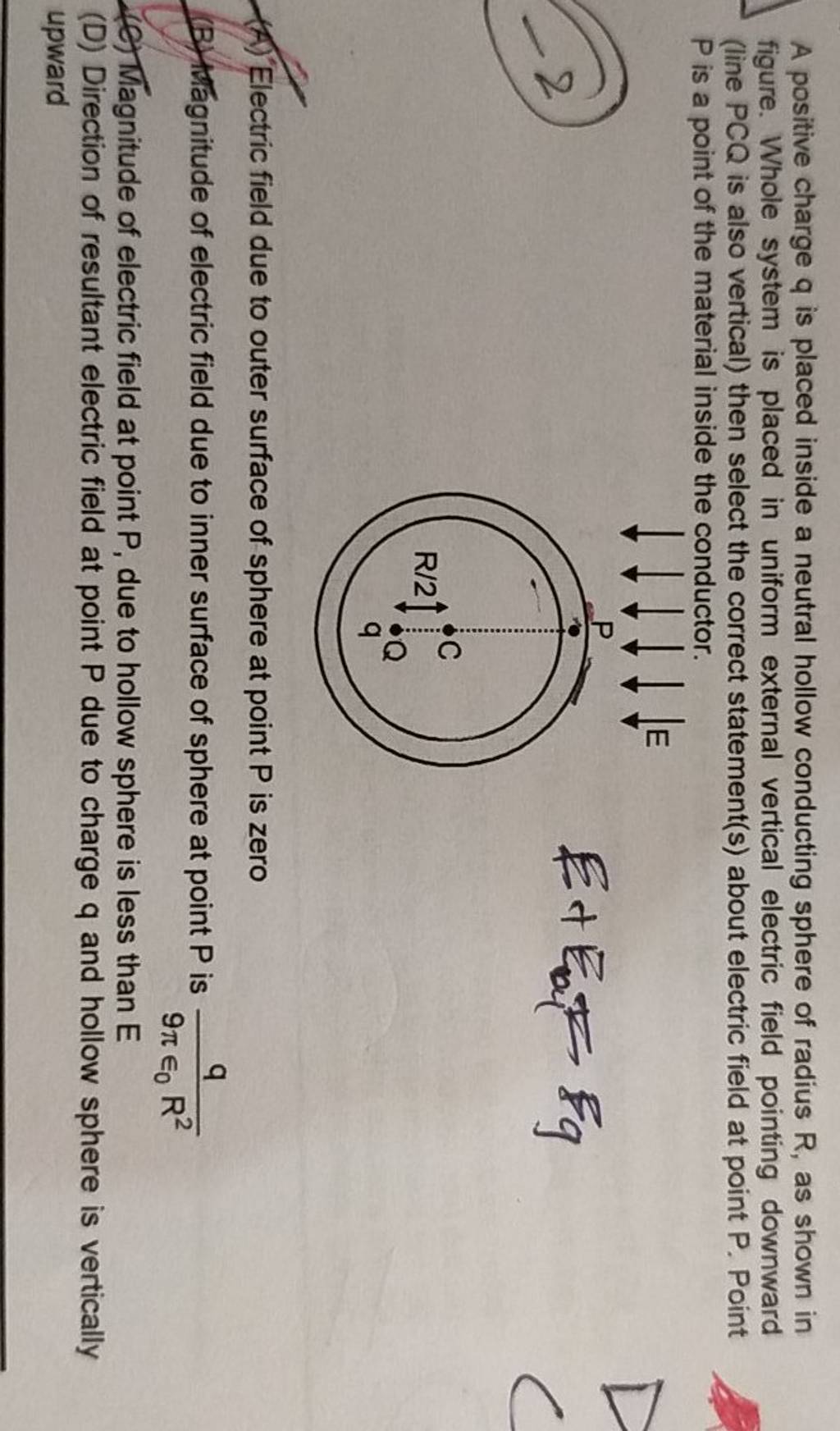 A positive charge q is placed inside a neutral hollow conducting sphere o..