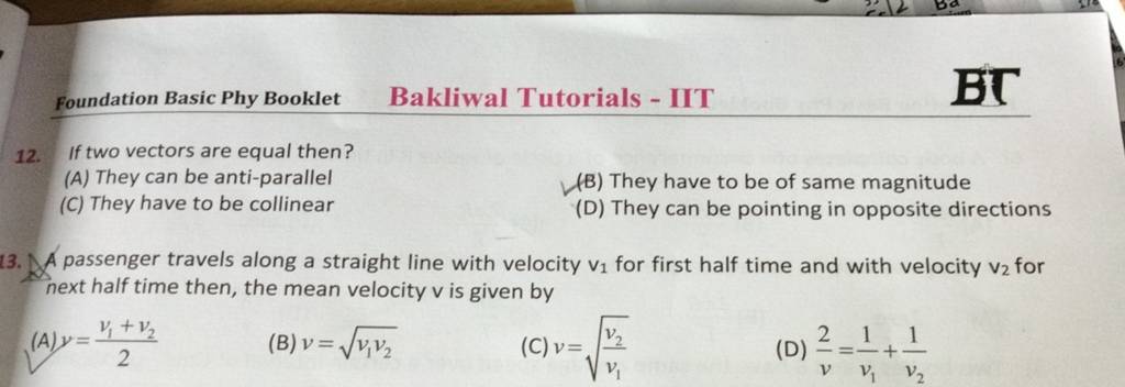 Foundation Basic Phy Booklet Bakliwal Tutorials - IT 12. If two vectors a..