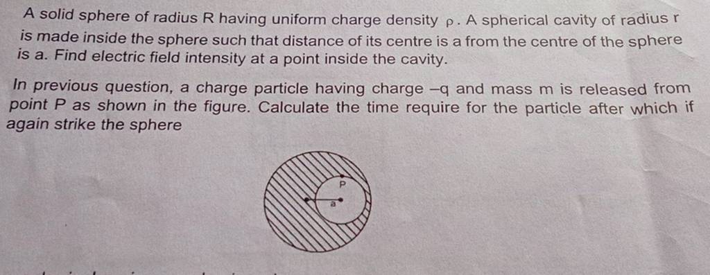 A solid sphere of radius R having uniform charge density ρ. A spherical c..