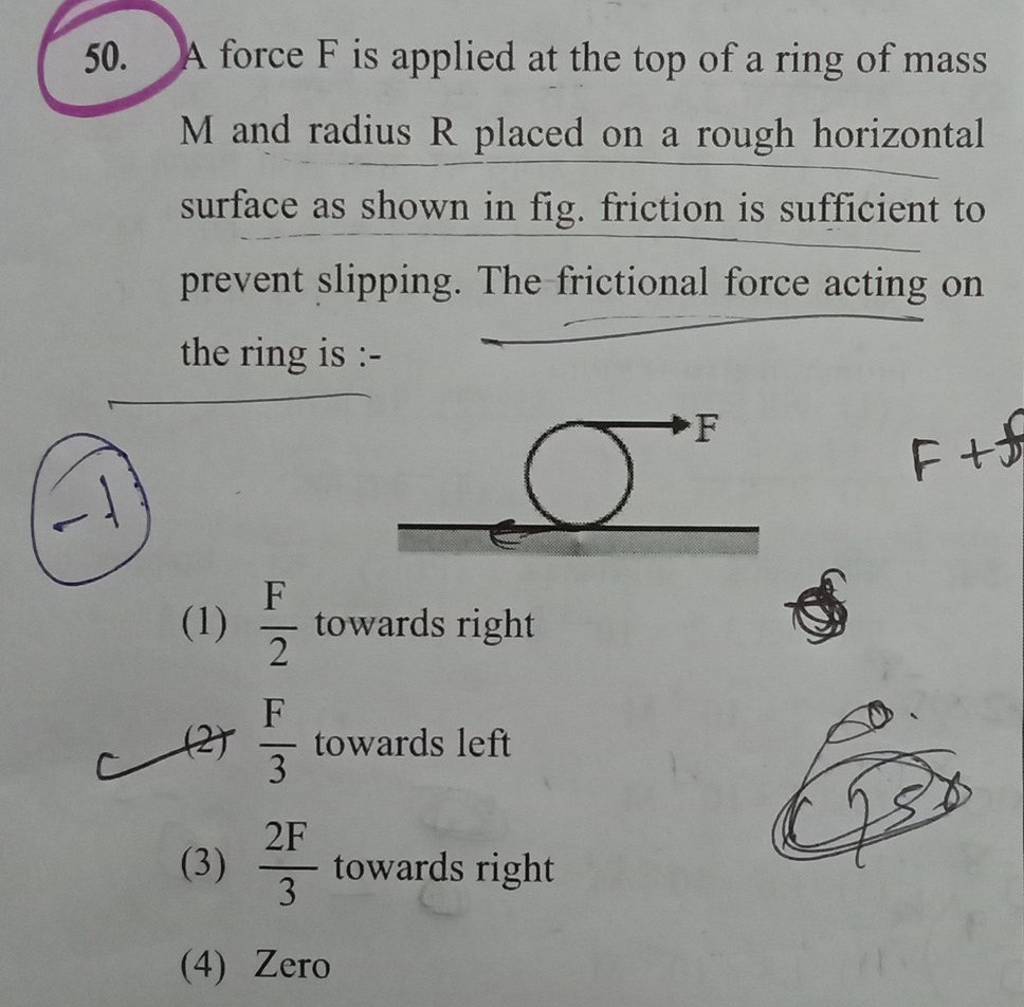 A force F is applied at the top of a ring of mass M and radius R placed o..