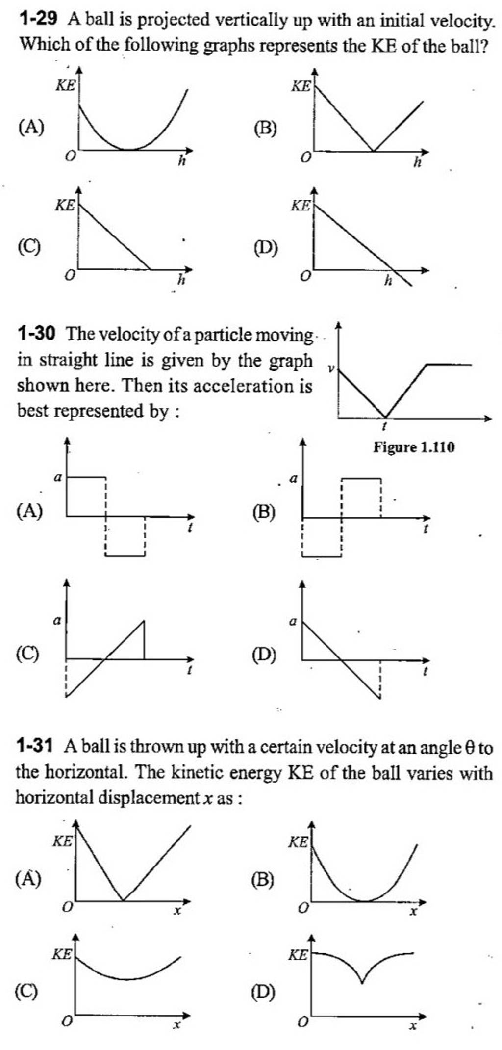 1-29 A ball is projected vertically up with an initial velocity. Which of..