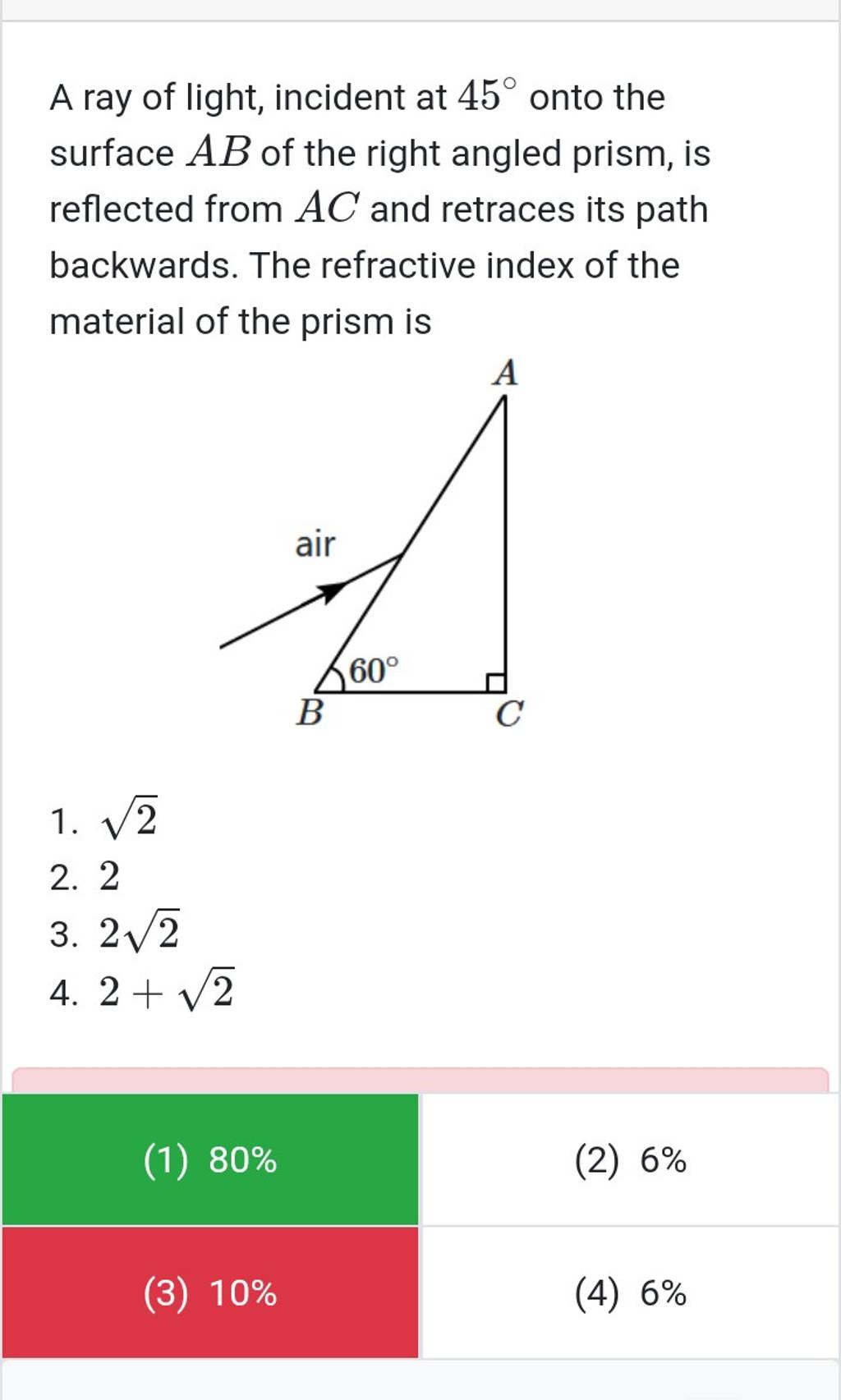 A ray of light, incident at 45∘ onto the surface AB of the right angled p..