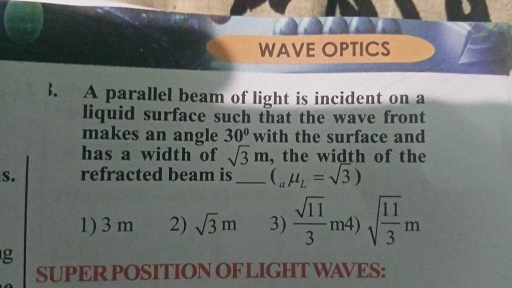 WAVE OPTICS 6. A parallel beam of light is incident on a liquid surface s..