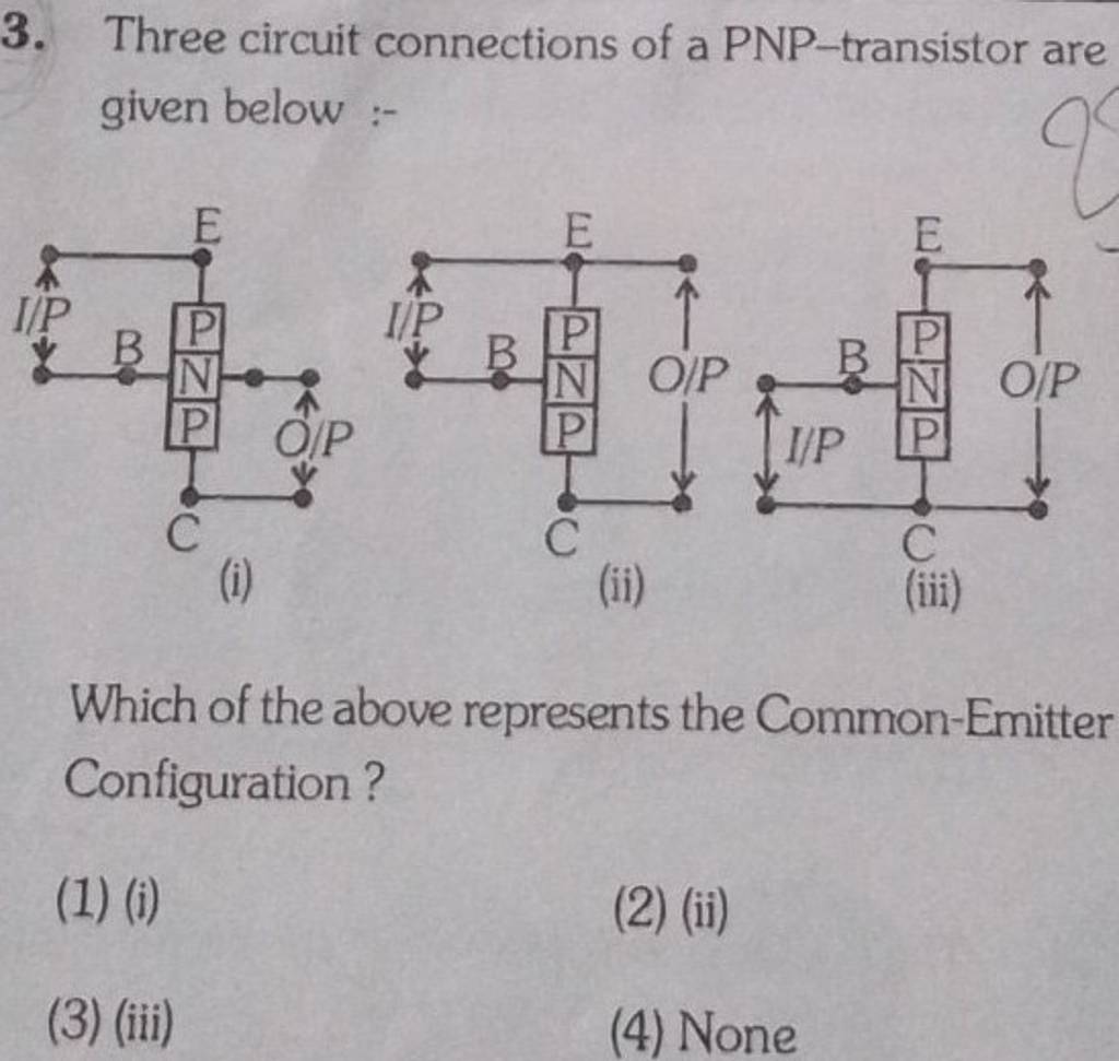 Three circuit connections of a PNP-transistor are given below :- (i) (ii)..