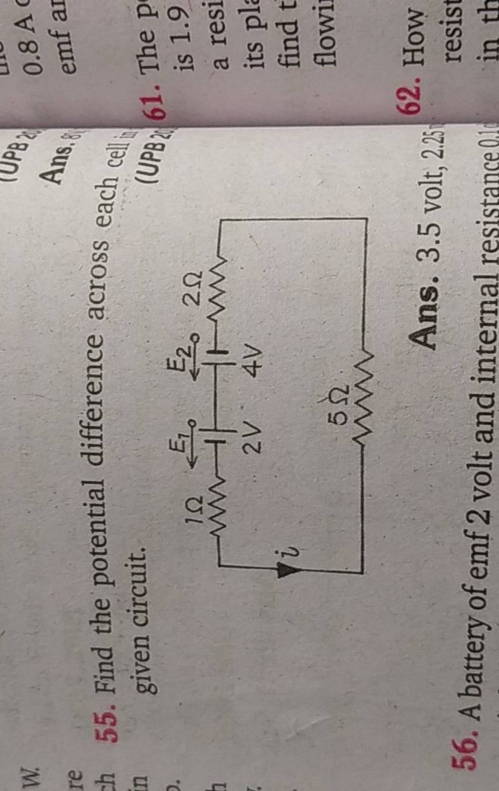 55. Find the potential difference across each cell; given circuit. | Filo