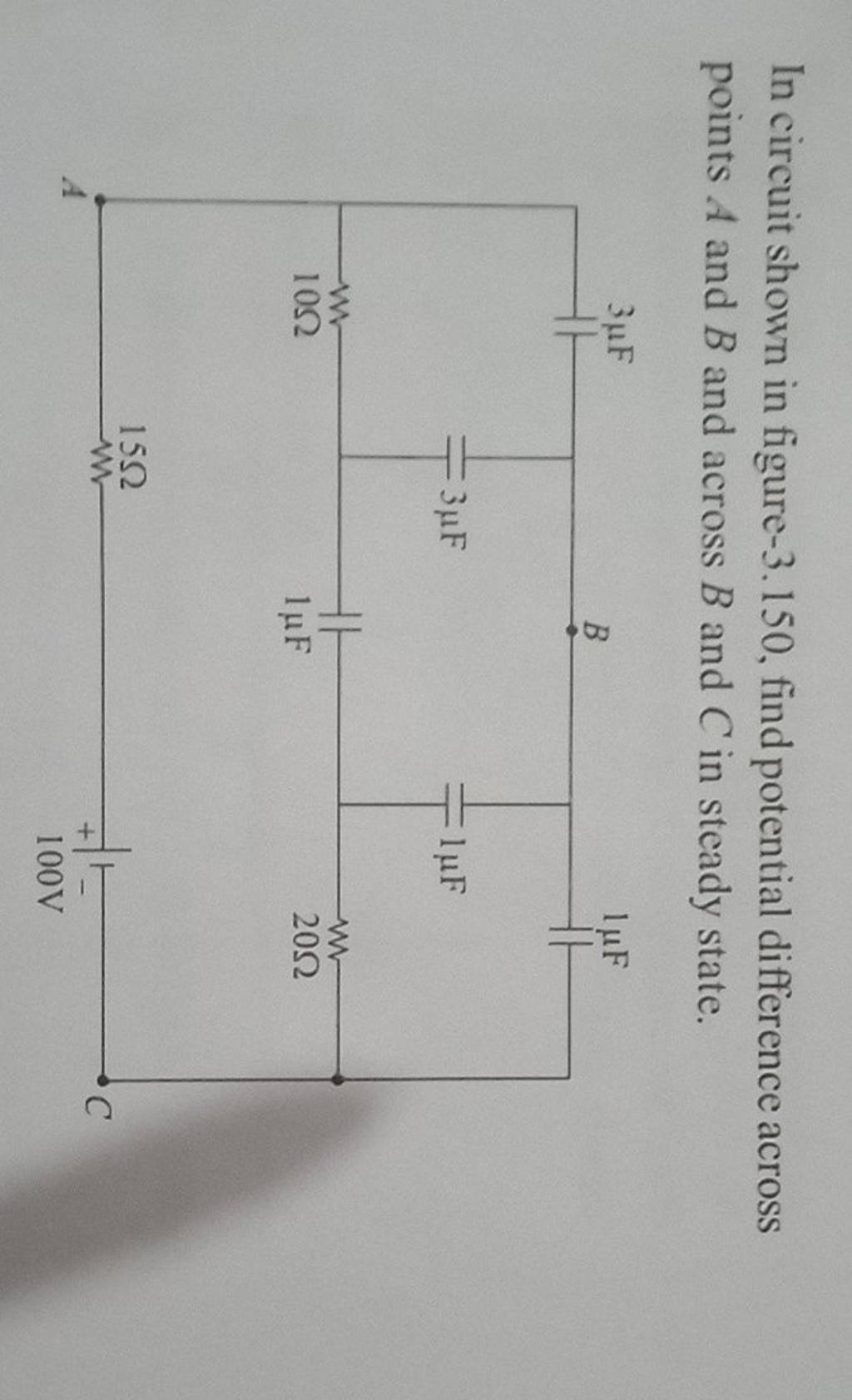 In circuit shown in figure-3.150, find potential difference across points..