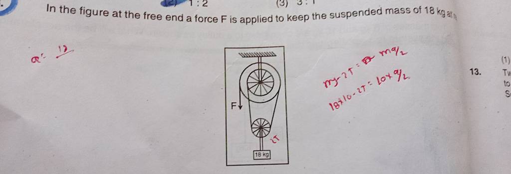In the figure at the free end a force F is applied to keep the suspended