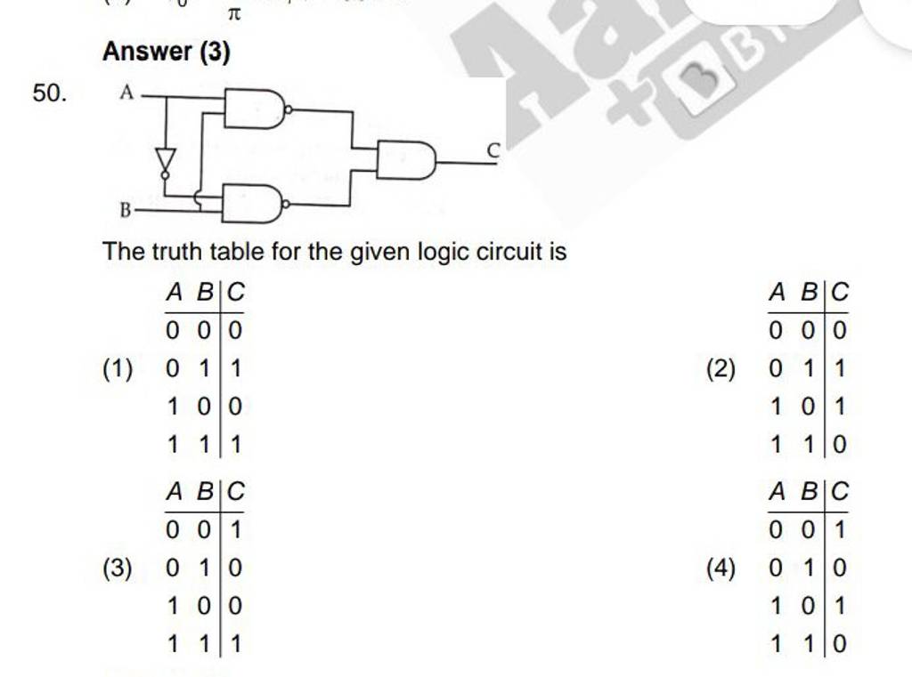 Answer (3) 50. The truth table for the given logic circuit is ABC000 ABC0.. Answer (3) 50. The truth table for the given logic circuit is ABC000 ABC0..