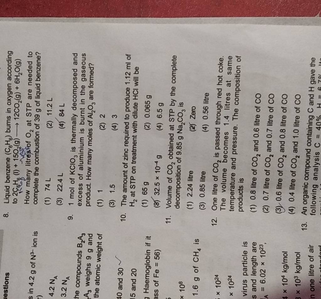 Iestions 8. Liquid benzene (C6 H6 ) burns in oxygen according to 2C6 H6