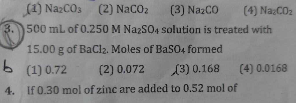 500 mL of 0.250MNa2 SO4 solution is treated with 15.00 g of BaCl2 . Mole..