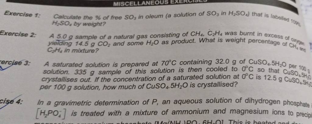 Exercise 1: Calculate the \% of free SO3 in oleum (a solution of SO3 in..
