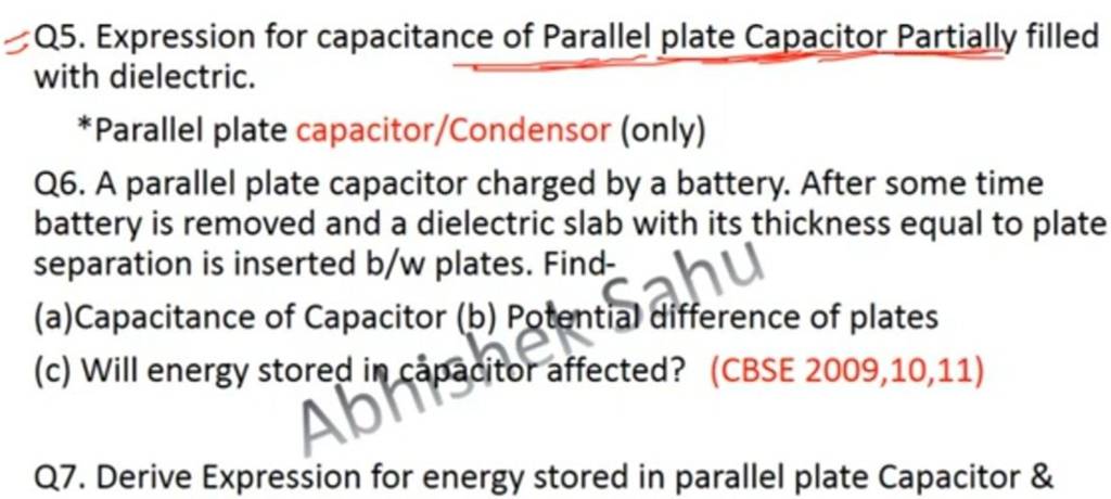 Q5 Expression For Capacitance Of Parallel Plate Capacitor Partially Fill