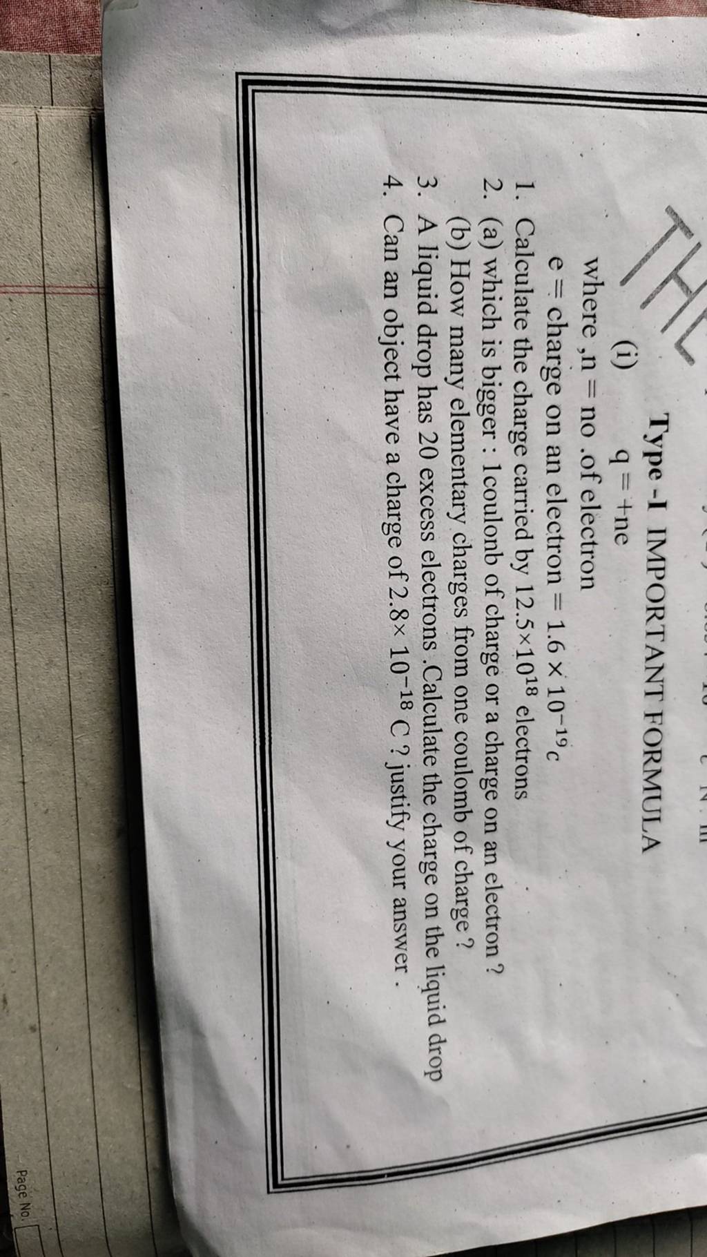 Type-I IMPORTANT FORMULA (i) q=+ne where, n= no .of electron e= charge on..
