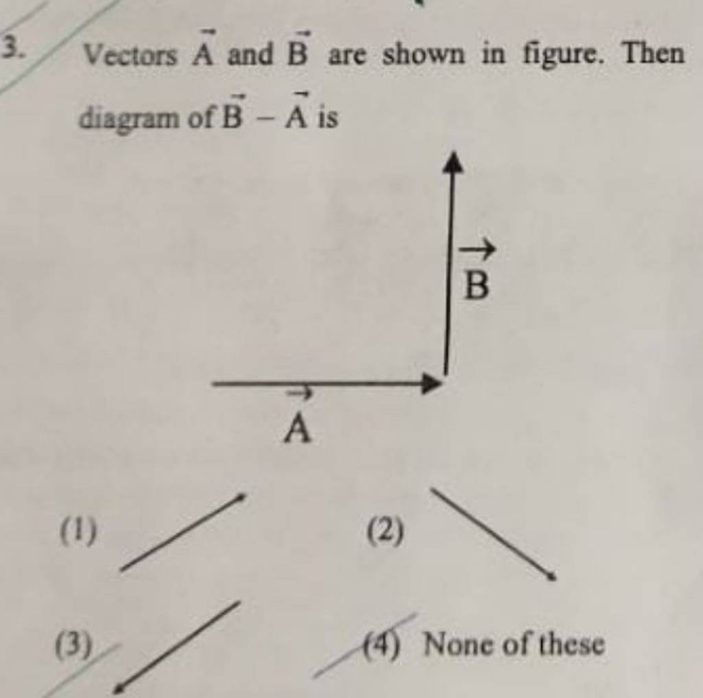 Vectors A and B are shown in figure. Then diagram of B−A is | Filo